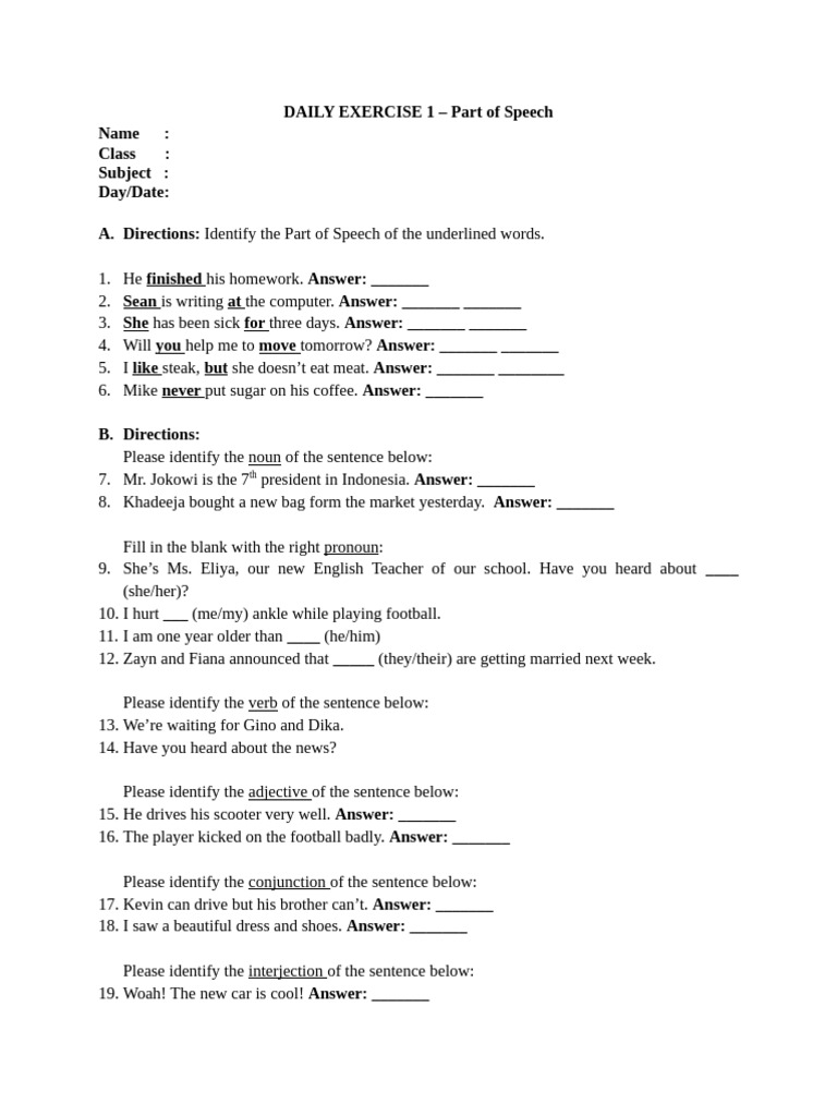 Exercise 1 - Part of Speech | PDF