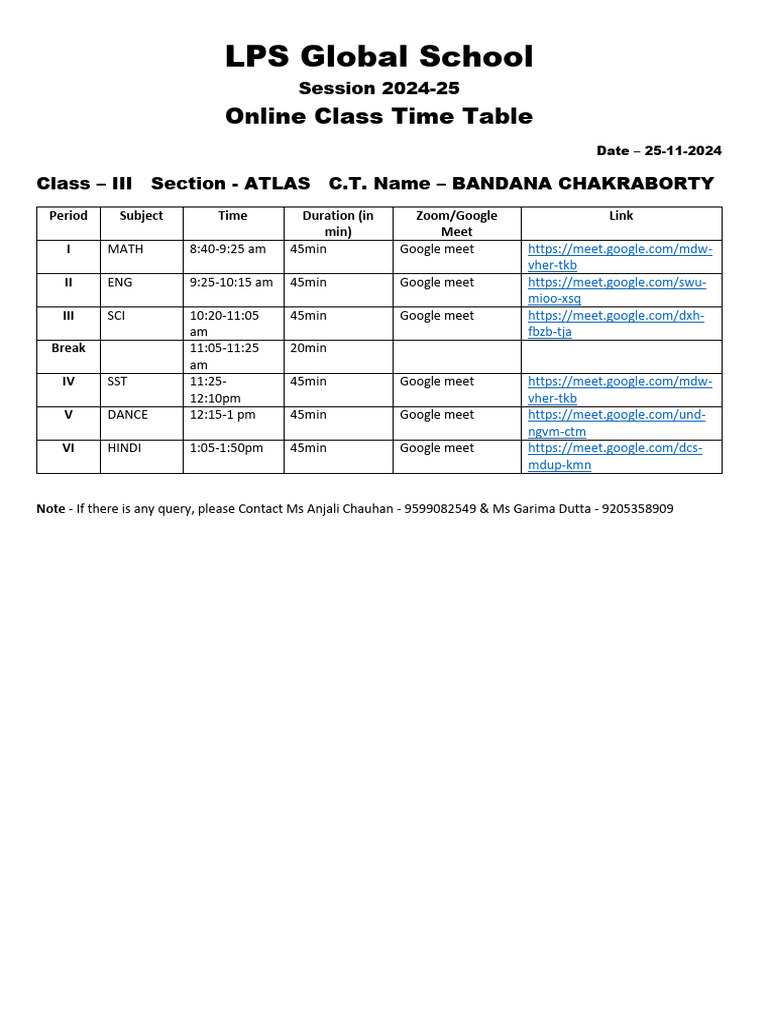 Online Class Time Table1 | PDF