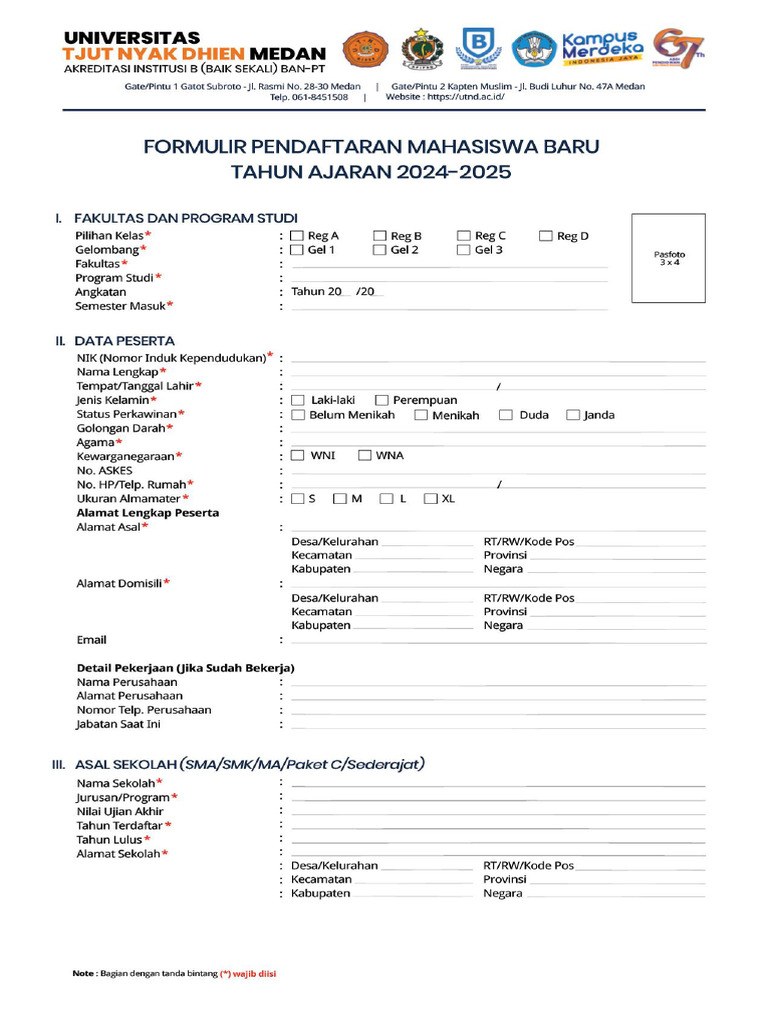 Formulir Pendaftaran Mahasiswa Baru - Utnd | PDF