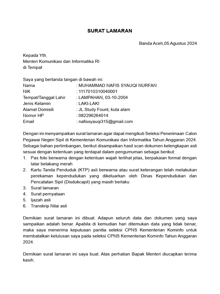 Surat Lamaran CPNS Kementerian 2024 | PDF