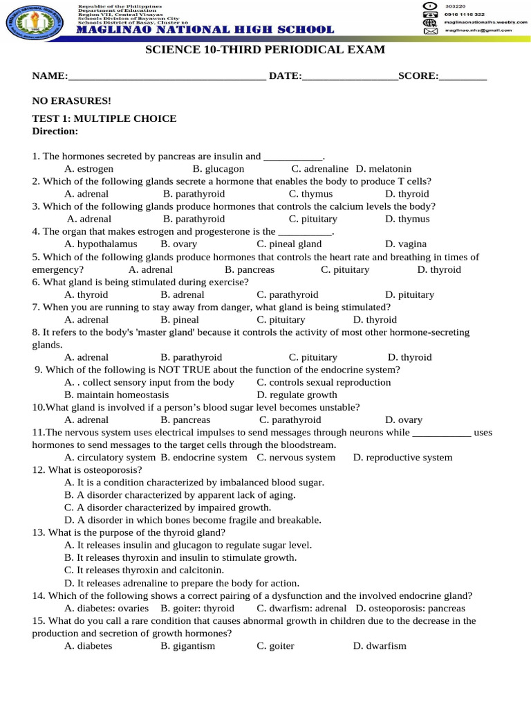 Science 10-Qrtr3 Periodical Exam | PDF | Endocrine System | Hormone