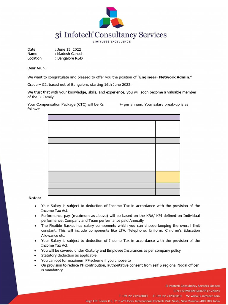 3i Offer Letter - Madesh Ganesh | PDF | Insurance | Salary