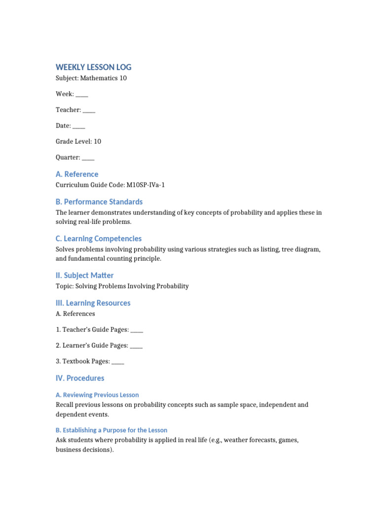 Weekly Lesson Log Probability | PDF