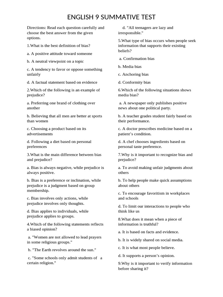 English 9 Bias and Prejudice Test | PDF | Bias | Prejudices