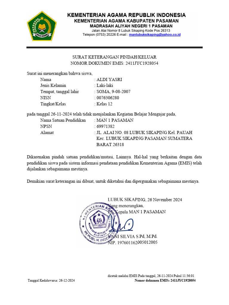SURAT MUTASI INDAH ALDI YASRI New | PDF
