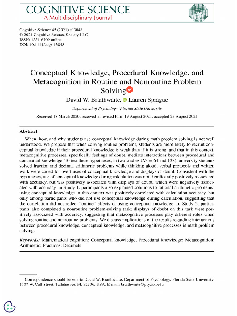 Conceptual Knowledge, Procedural Knowledge, And Metacognition in Routine and Nonroutine Problem ...