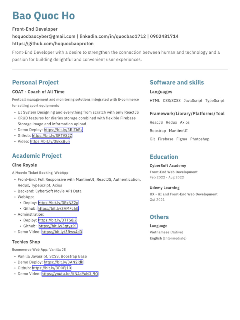 Bao+Quoc+Ho+Front End+Developer+Resume | PDF