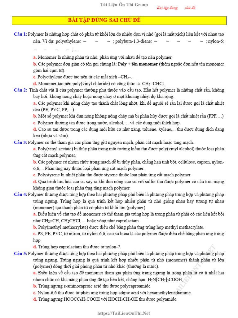 Bản Sao Của (TỜ 03) HÓA 12-CHUONG 4-BÀI TẬP PHÁT BIỂU ĐÚNG SAI POLYMER-ĐỀ | PDF
