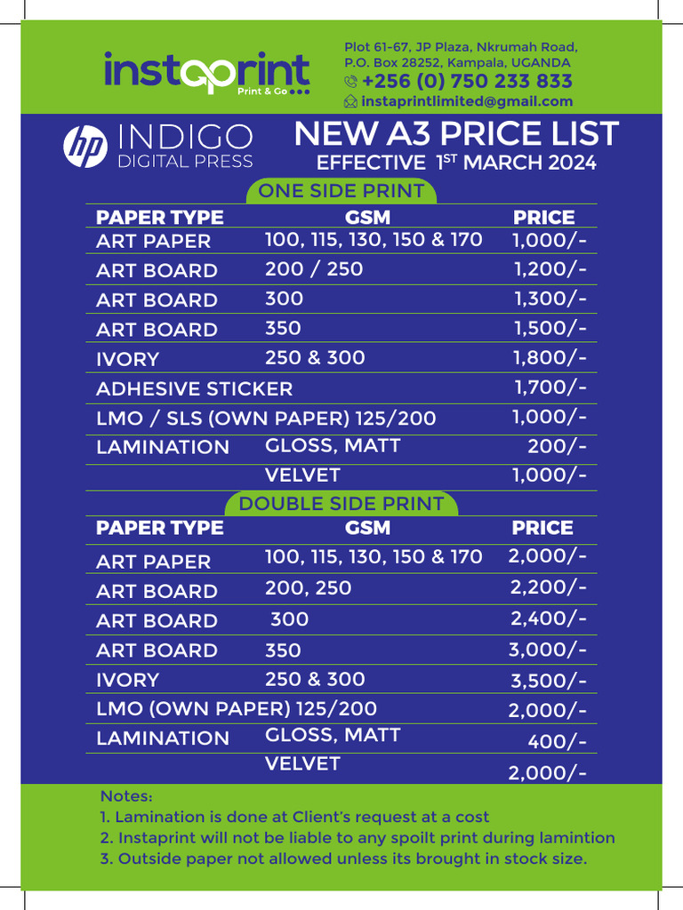 Instaprint Price List 2024 | PDF