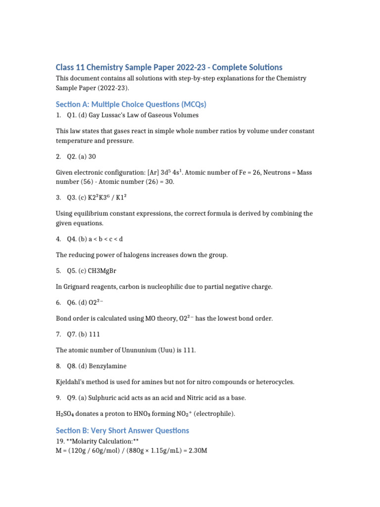 Class 11 Chemistry Complete Solutions | PDF