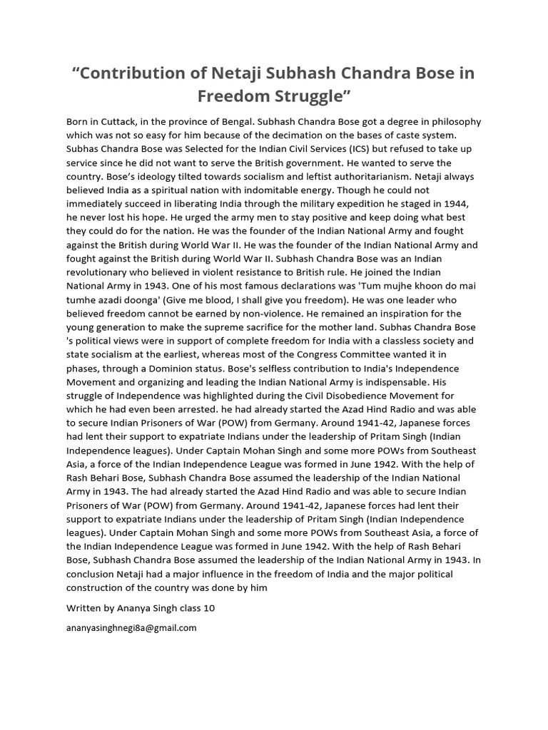 Contribution of Netaji Subhash Chandra Bose in Freedom Struggle | PDF ...