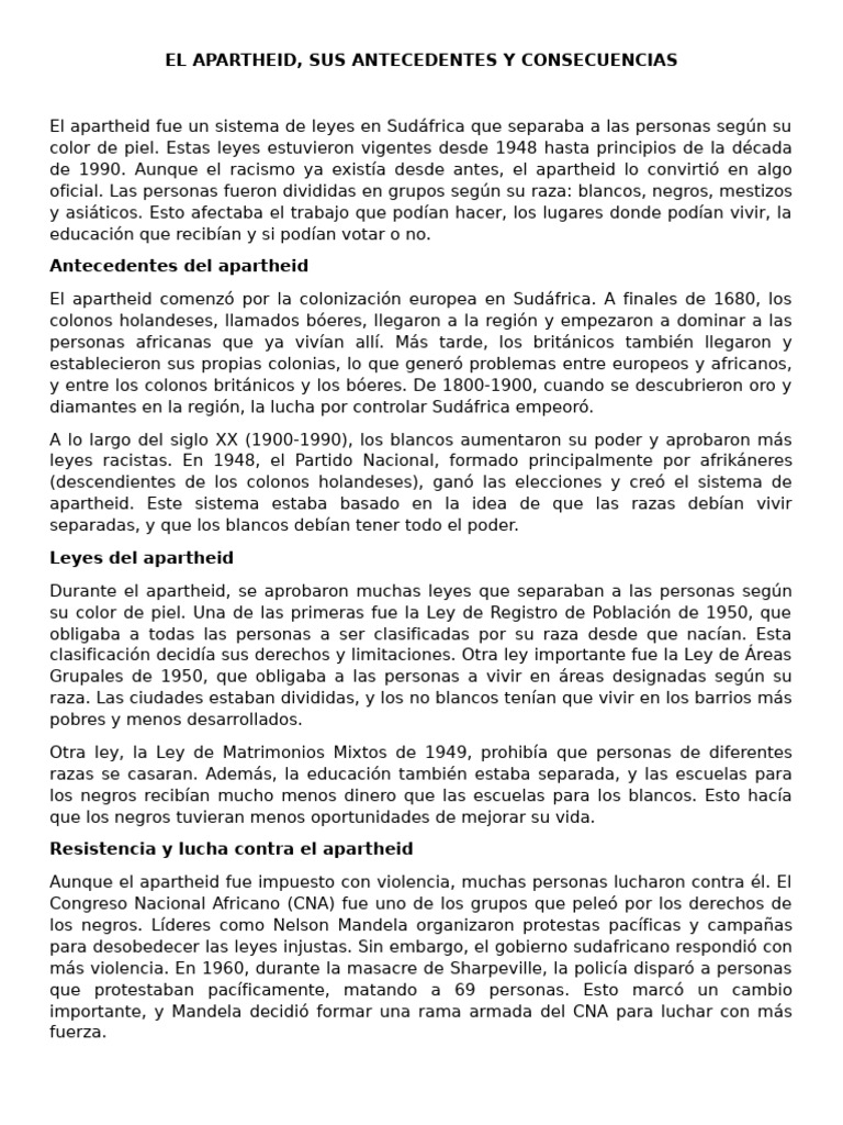 El Apartheid: Historia y Efectos | PDF | Segregación racial | Congreso ...