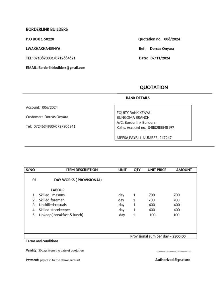 Construction Labor Quotation 2024 | PDF