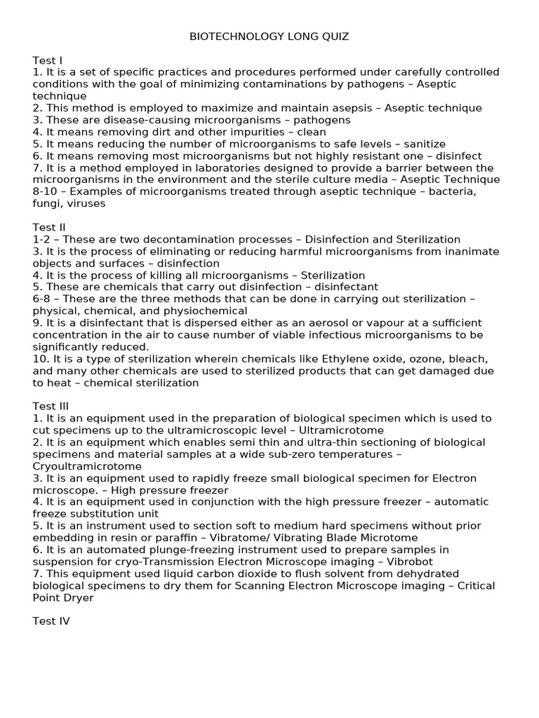 Biotechnology Long Quiz | PDF | Sterilization (Microbiology) | Disinfectant