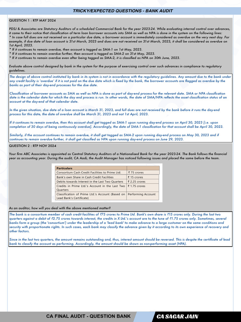 Bank Audit Question Bank for CA Final | PDF | Banks | Internal Control