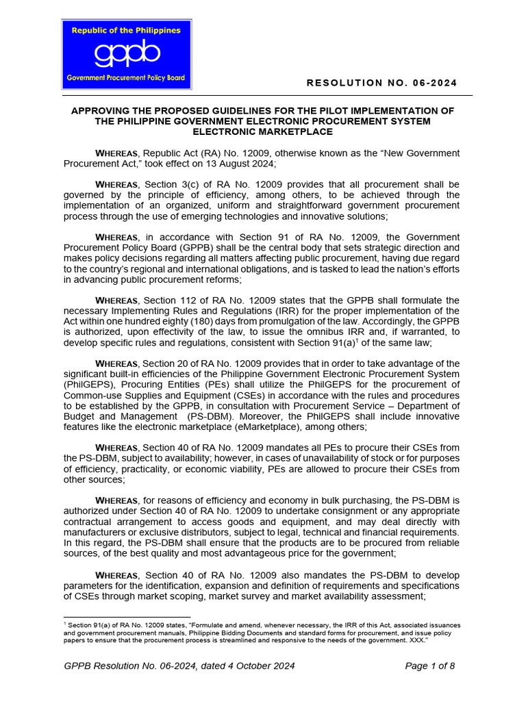 GPPB Resolution No. 06 2024 | PDF | Procurement | Specification (Technical Standard)