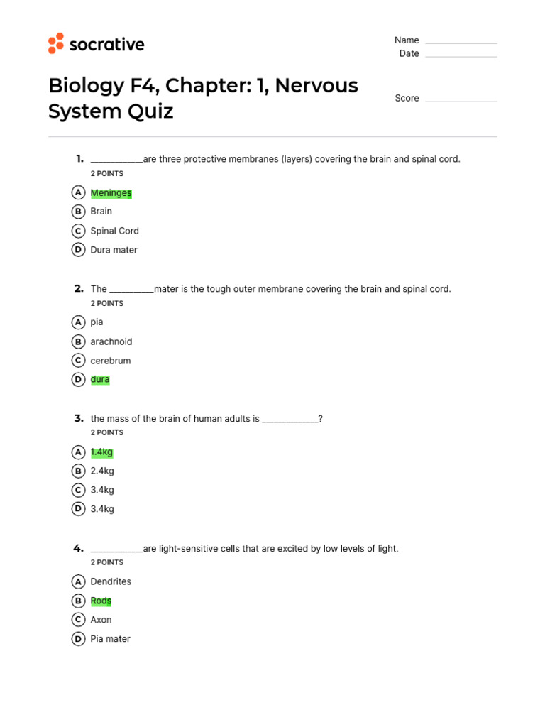 Quiz - Biology F4 Chapter 1 Nervous System Quiz Answers | PDF | Brain | Neuron