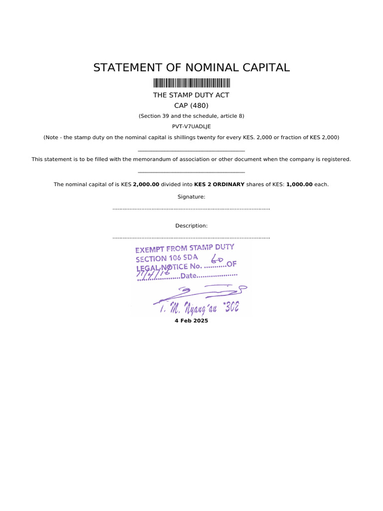 Statement of Nominal Capital Details | PDF