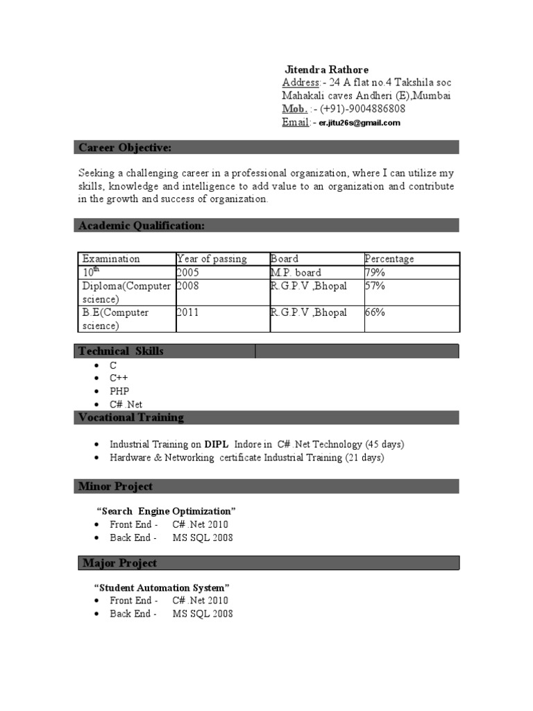 Jitendra Rathore Resume: Computer Science Skills & Projects | PDF ...