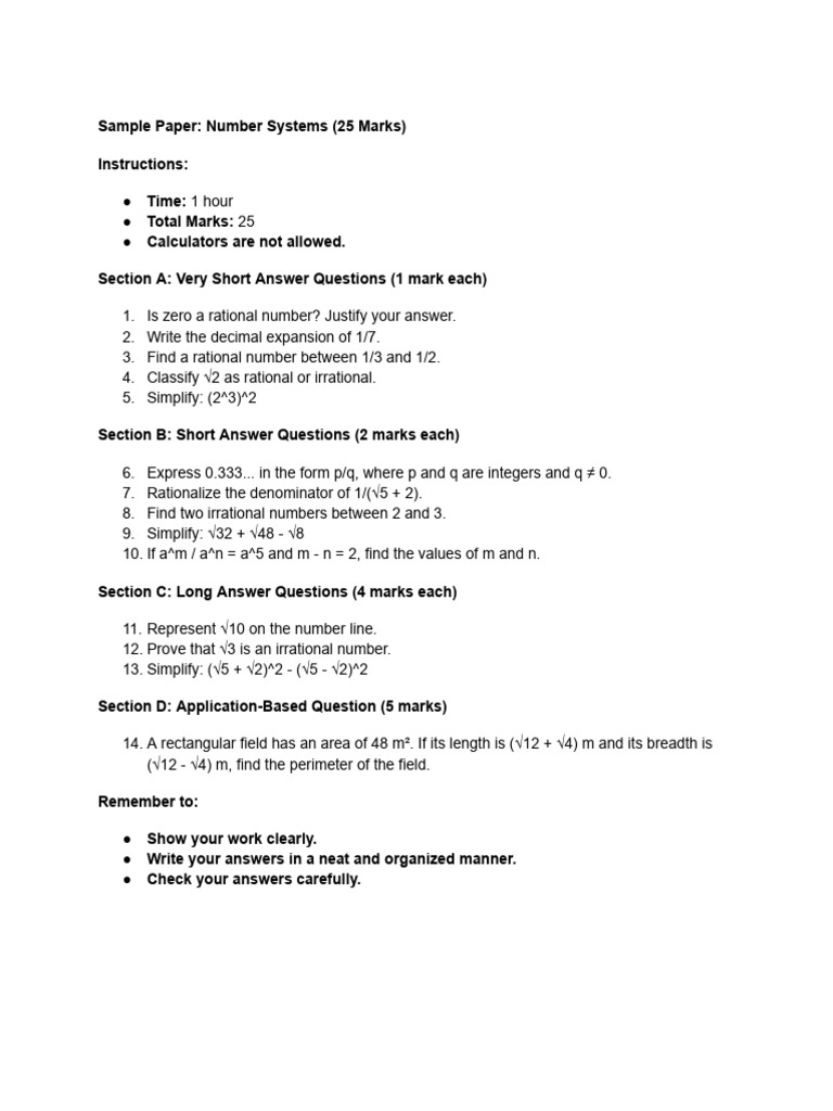 Sample Paper - Number Systems (25 Marks) | PDF