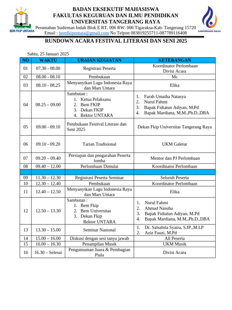 Rundown Acara Festival Literasi Dan Seni - 25-2 | PDF