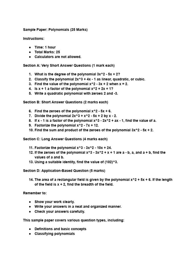 Sample Paper - Polynomials (25 Marks) | PDF