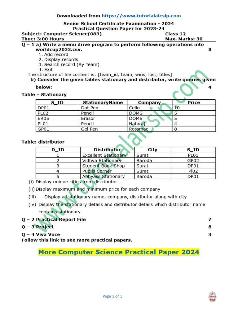 Practical Paper CS Class 12 Set III | PDF | Computing