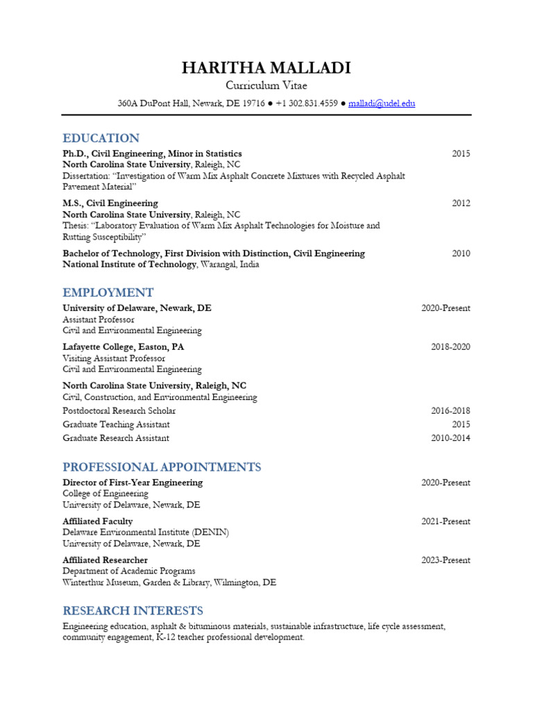 Haritha Malladi: CV & Research Highlights | PDF | Road Surface