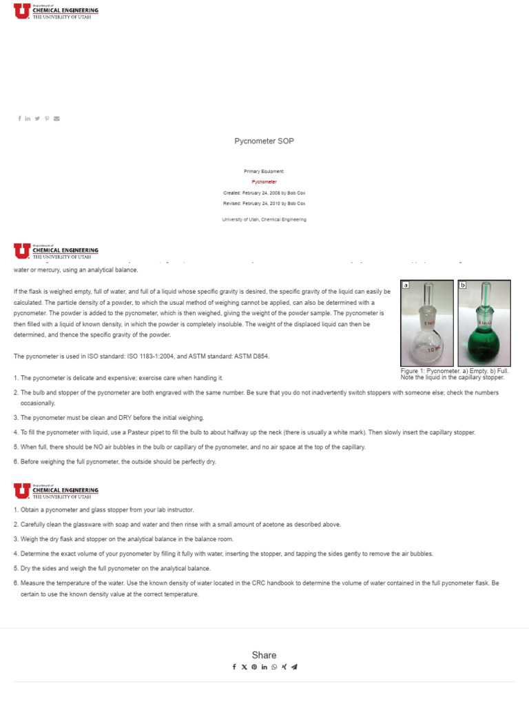 Pycnometer - Chemical Engineering - University of Utah | PDF | Physical ...