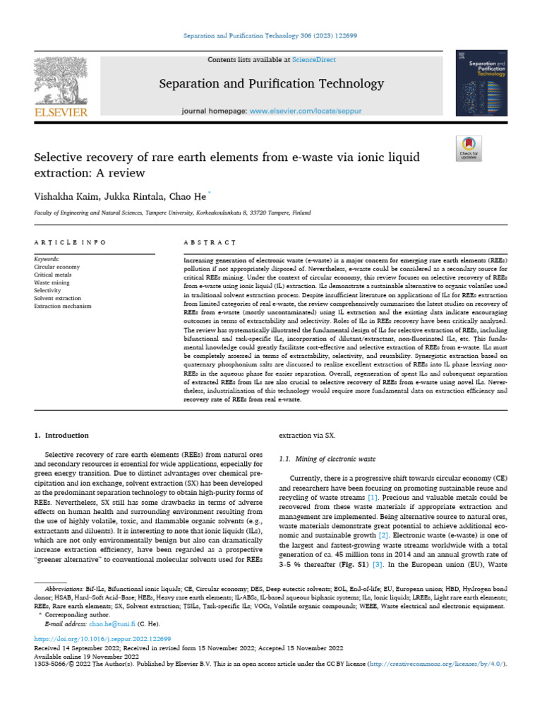 Selective Recovery of Rare Earth Elements From E-Waste Via Ionic Liquid ...