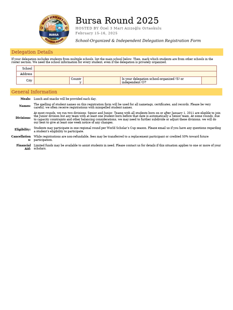 WSC Bursa Round Registration Form 2025 | PDF
