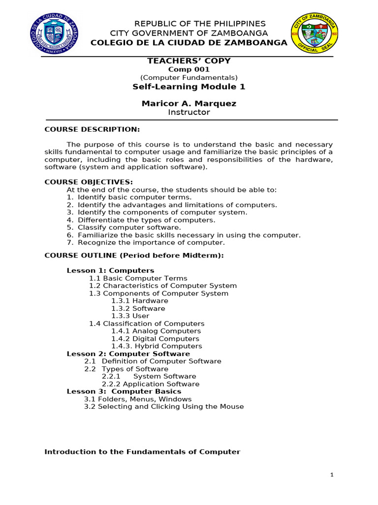 Comp 001 Computer Fundamentals Teacher | PDF | Computer Data Storage | Personal Computers