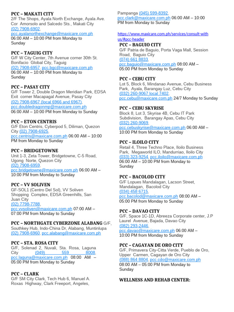 Maxicare PCC Locations and Hours | PDF | Makati | Metro Manila
