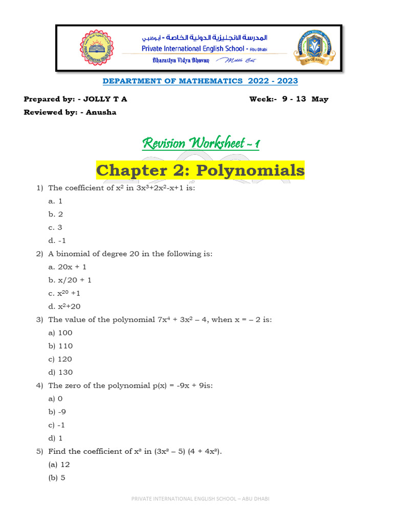 Revision Worksheet - 1 | PDF