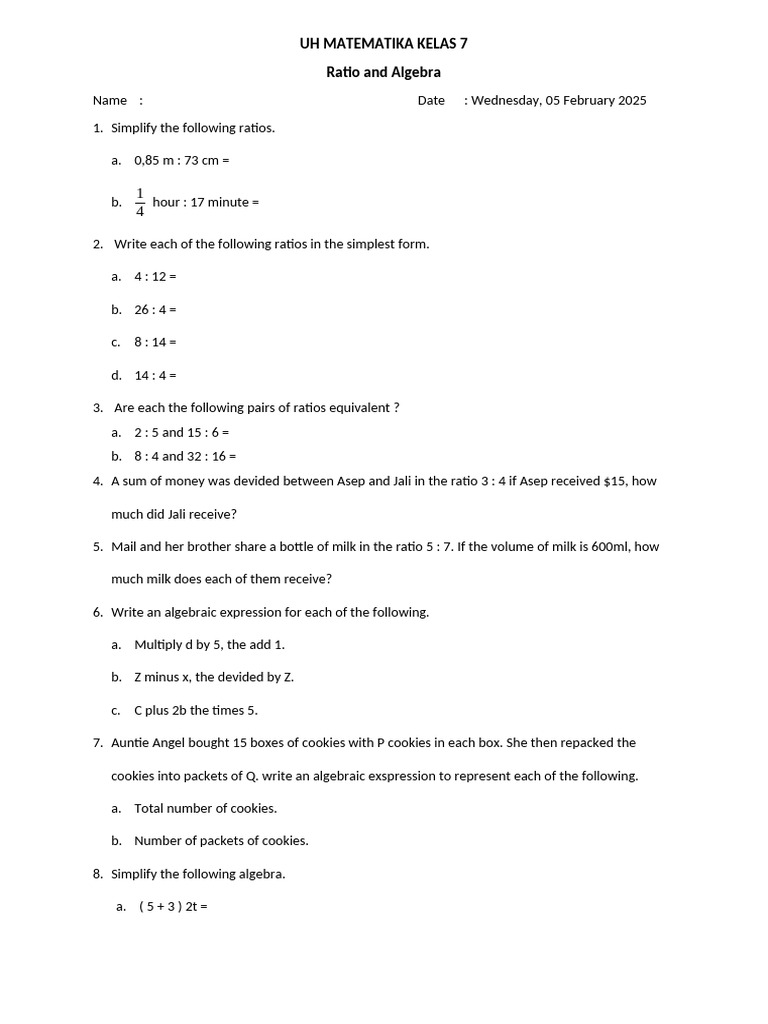 Ratio and Algebra Exercises for 7th Grade | PDF | Mathematics | Arithmetic