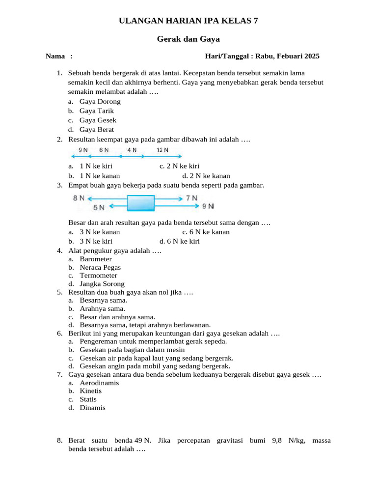 UH IPA KELAS 7 GERAK DAN GAYA | PDF
