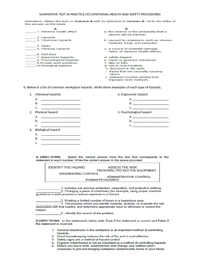 Summative Test in Practice Occupational Health and Safety Procedures | PDF