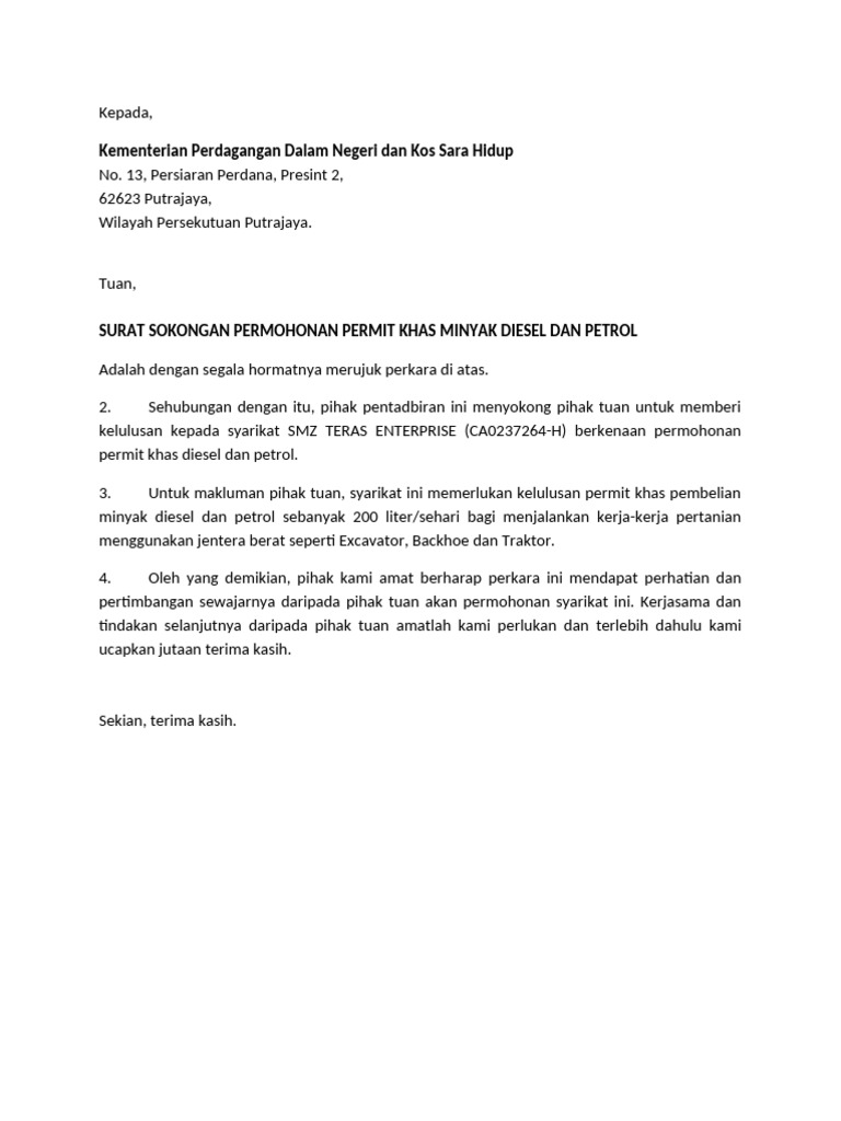 Surat Sokongan Permit Khas Diesel | PDF