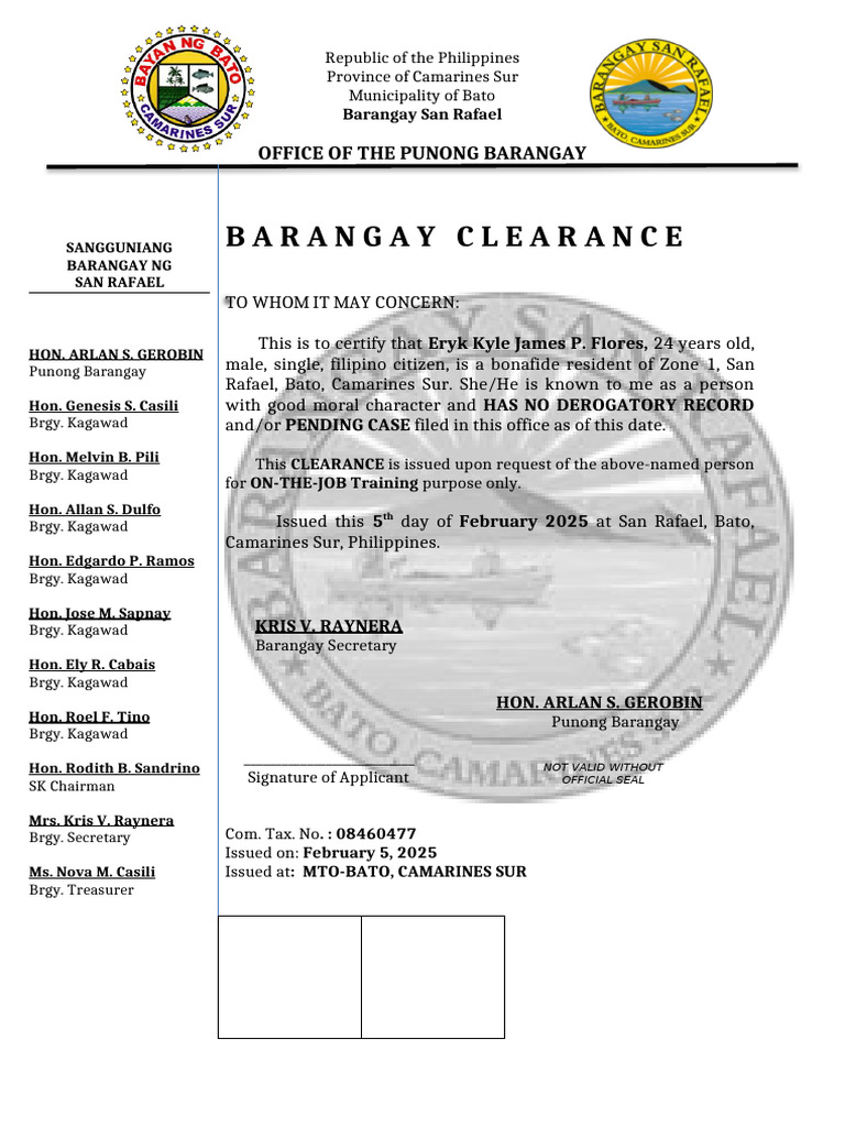 Barangay Clearance With Duty Officer | PDF