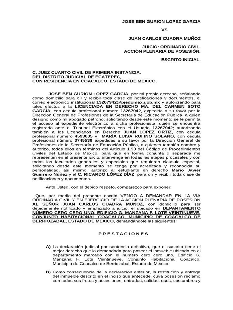 Escrito Inicial | PDF | Demanda judicial | México