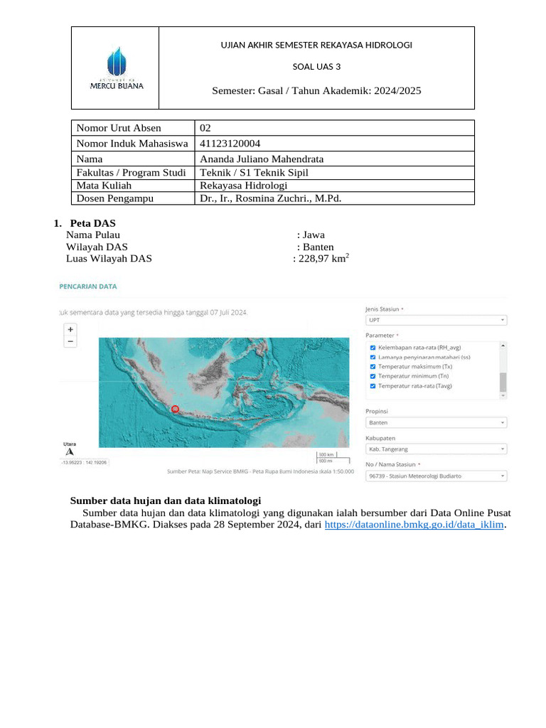 Ananda Juliano Mahendrata (41123120004) Soal UAS 3 Rekayasa Hidrologi | PDF