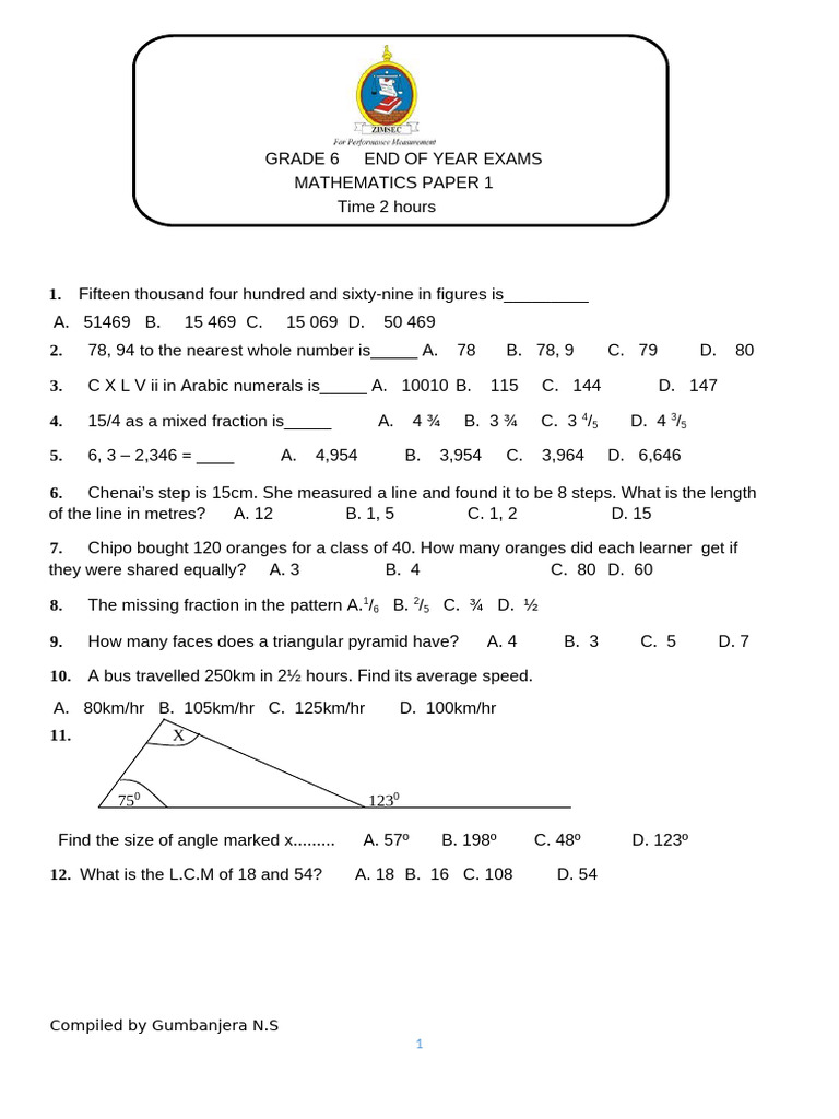 Grade 6 Mathematics Exam Paper 2022 | PDF | Mathematics | Euclidean ...