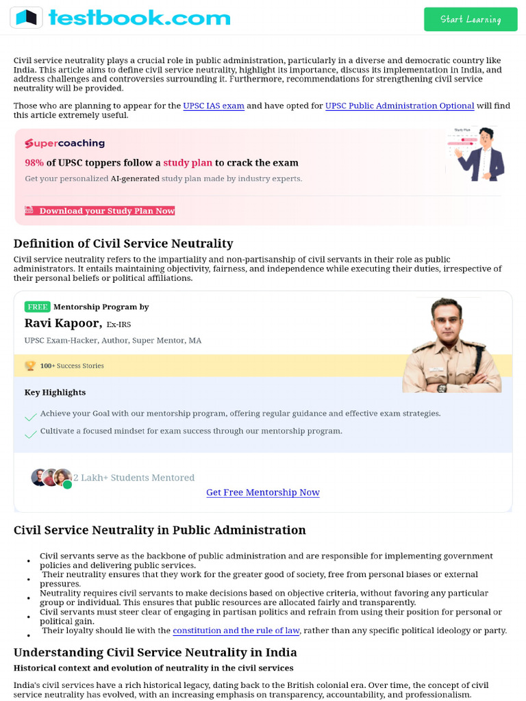 Civil Service Neutrality - Definition, Significance & Challenges | PDF