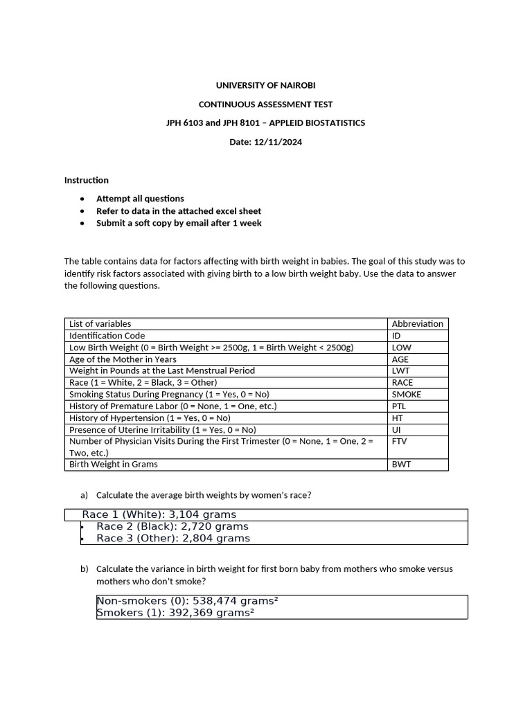 Continuous Assessment Test-Stats | PDF