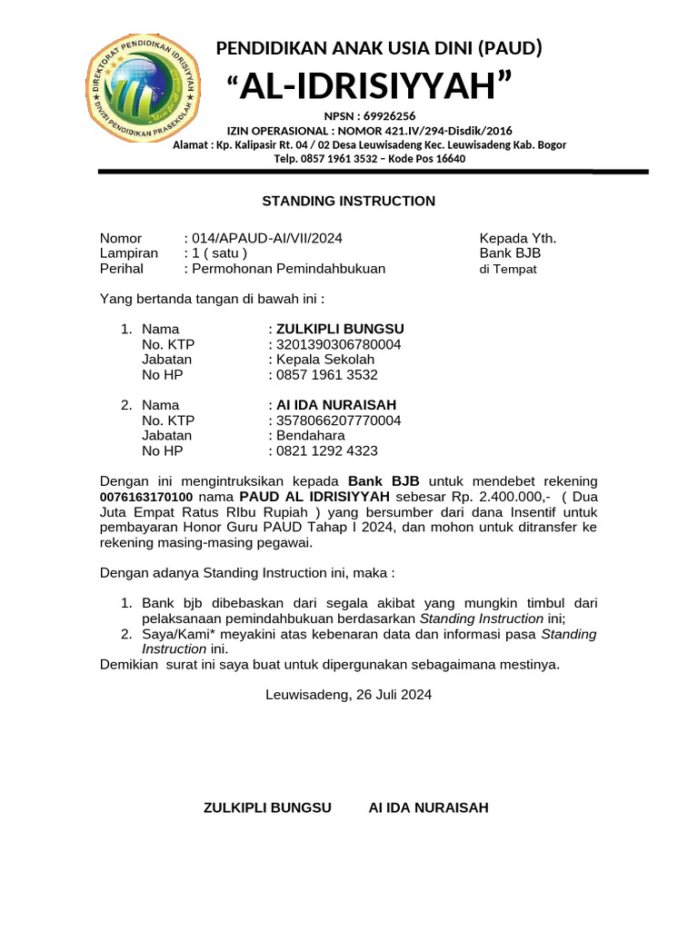 Contoh Si BJB "Al-Idrisiyyah" | PDF