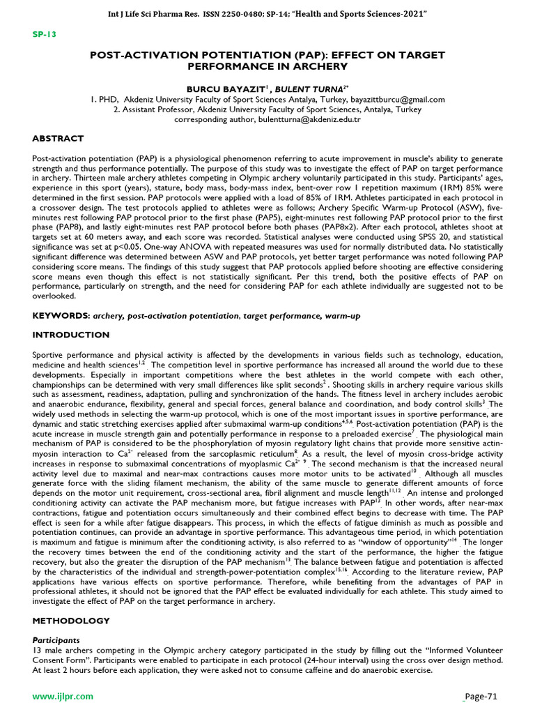 18. POST-ACTIVATION POTENTIATION (PAP) EFFECT ON TARGET PERFORMANCE IN ARCHERY | PDF