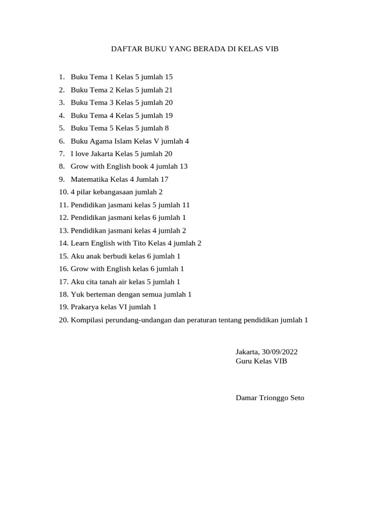 Daftar Buku Yang Berada Di Kelas Vib | PDF