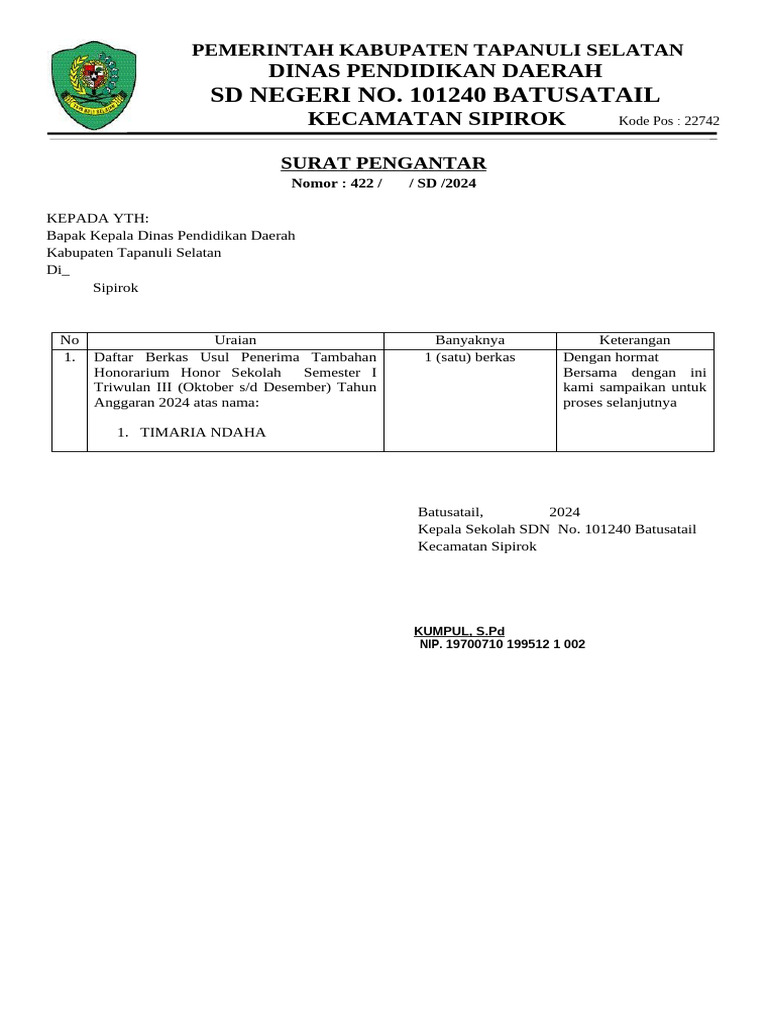 Usulan Honorarium SDN 101240 Batusatail | PDF