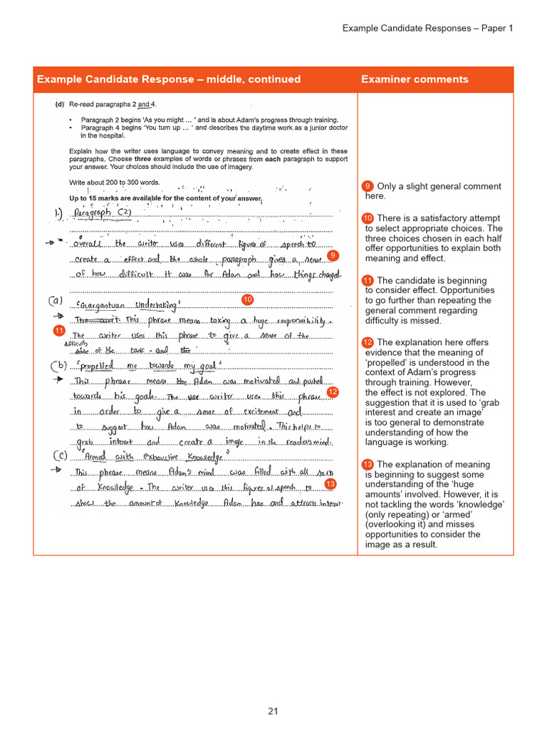 IGCSE English 0500 Example Responses | PDF | Evidence | Understanding