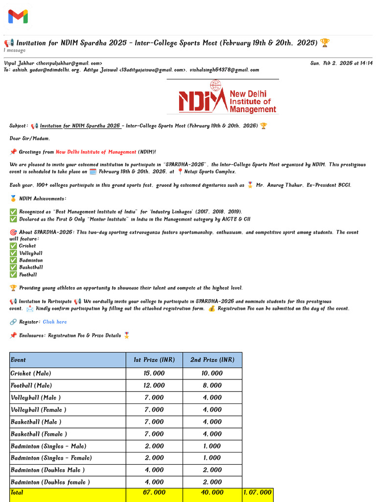 Invitation for NDIM Spardha 2025 - Inter-College Sports Meet (February ...
